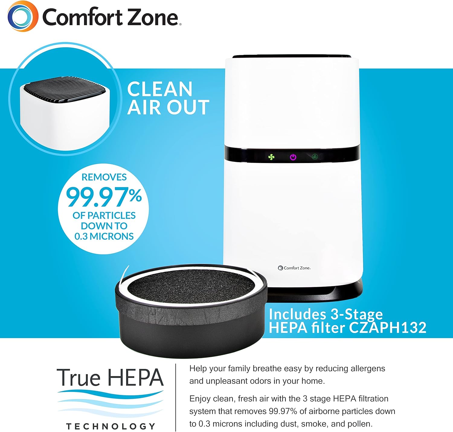 Comfort Zone® Clean HEPA Air Purifier with WiFi App Control – Smart Air ...